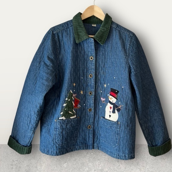 Jackets & Coats | Denim Jacket With Snowman And Tree Embroidery | Poshmark